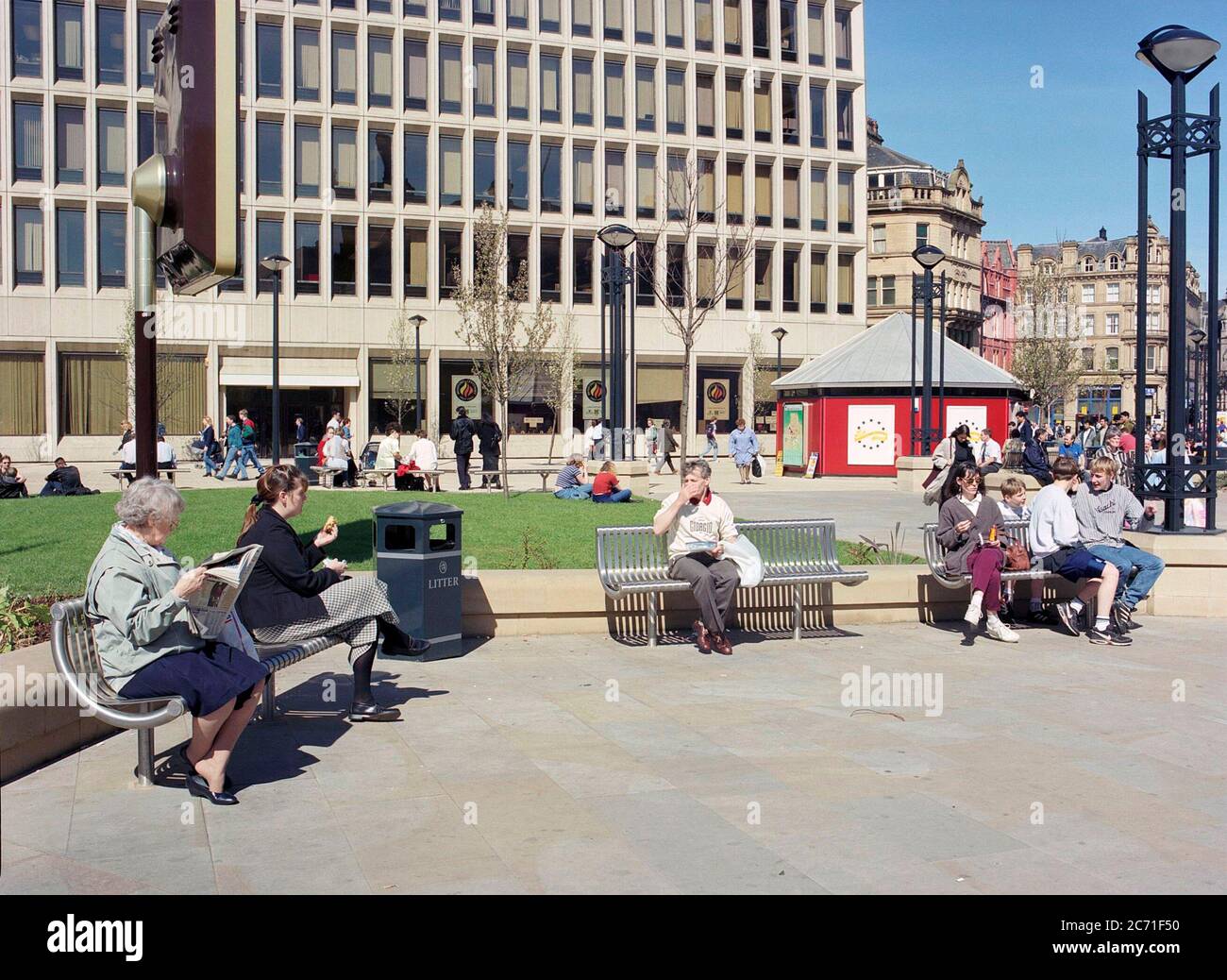 1997, people enjoying the lunchtime sun at Bradford Centenary Square ...