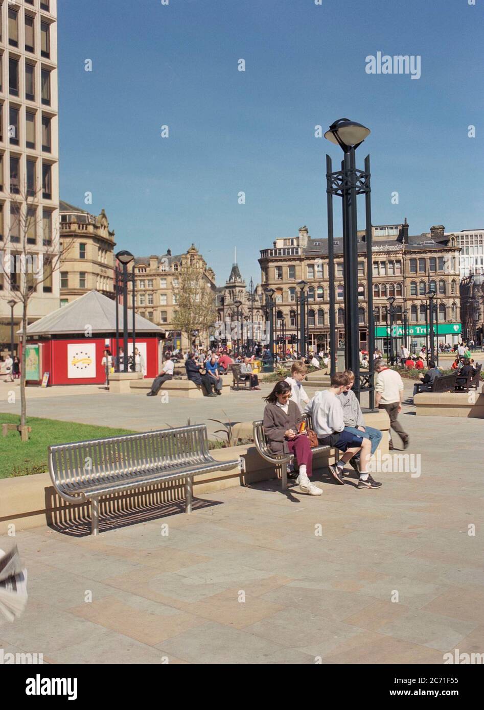 1997, people enjoying the lunchtime sun at Bradford Centenary Square ...