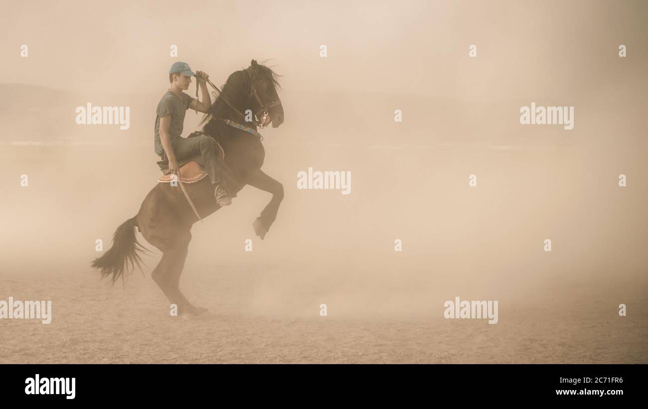 Kayseri, Turkey - November 2019: Horse is rearing up while a young man ...