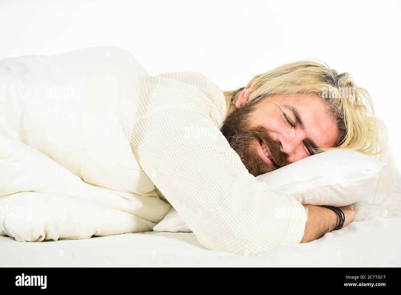 Mental health. Practice relaxing bedtime ritual. Man with sleepy face ...