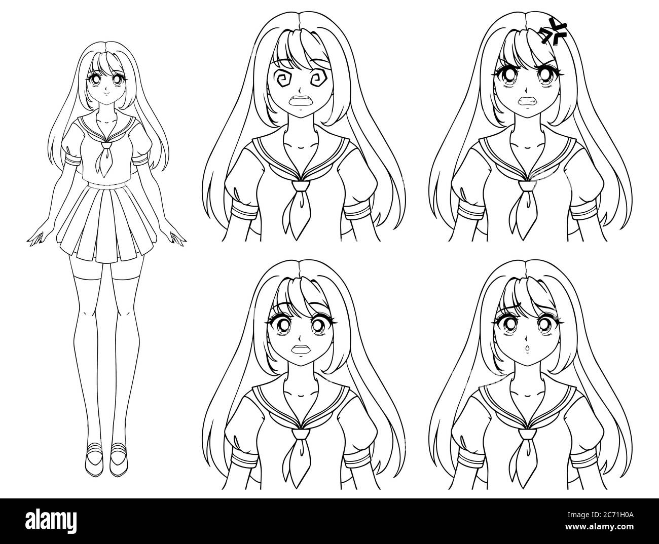 Cute manga girl wearing japanese school uniform. Set of four different ...
