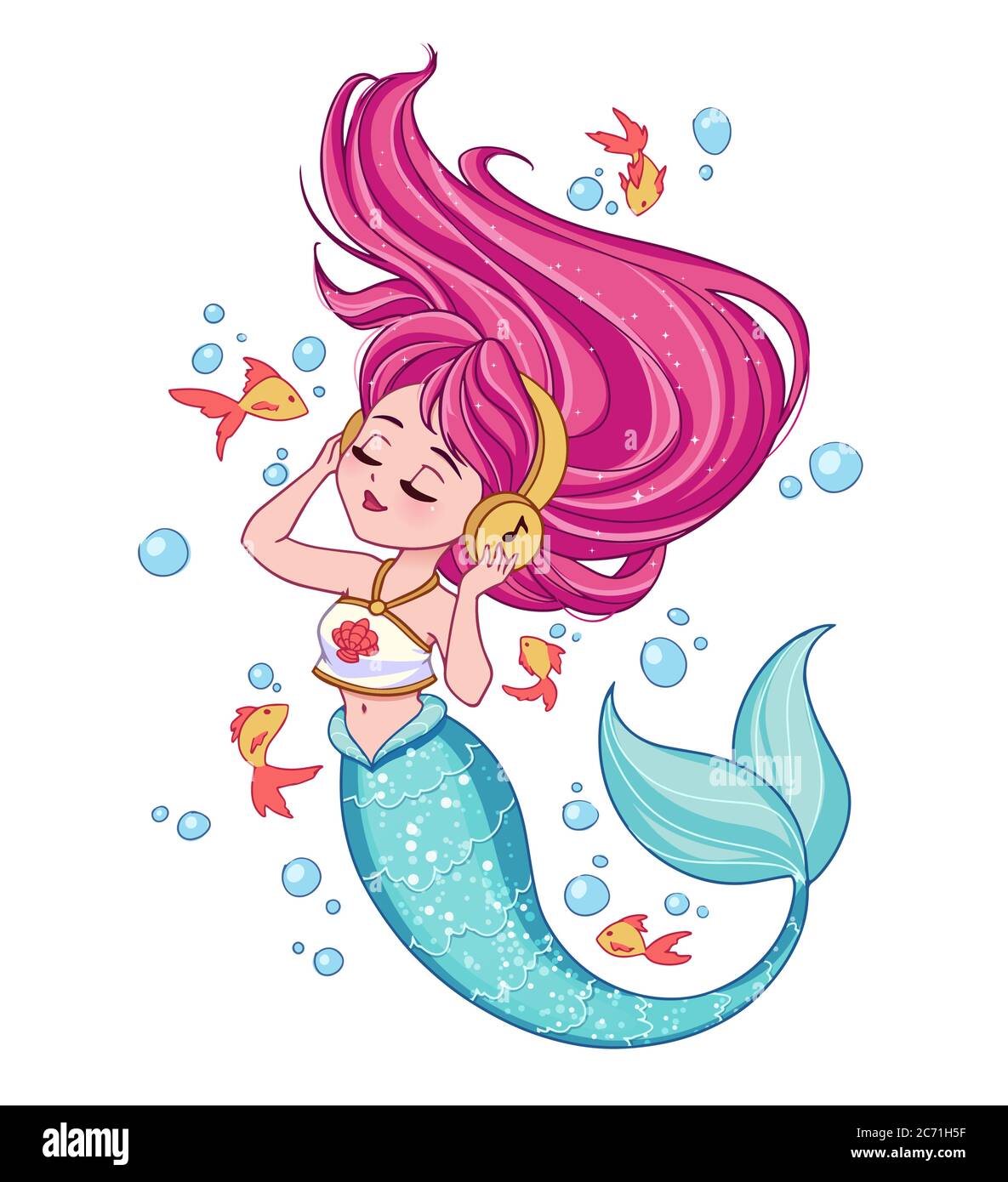 Cute pink haired mermaid wearing a t-shirt listen to music. Little ...