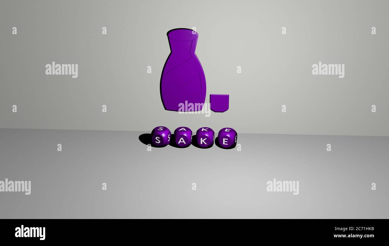 3D graphical image of sake vertically along with text built by metallic ...