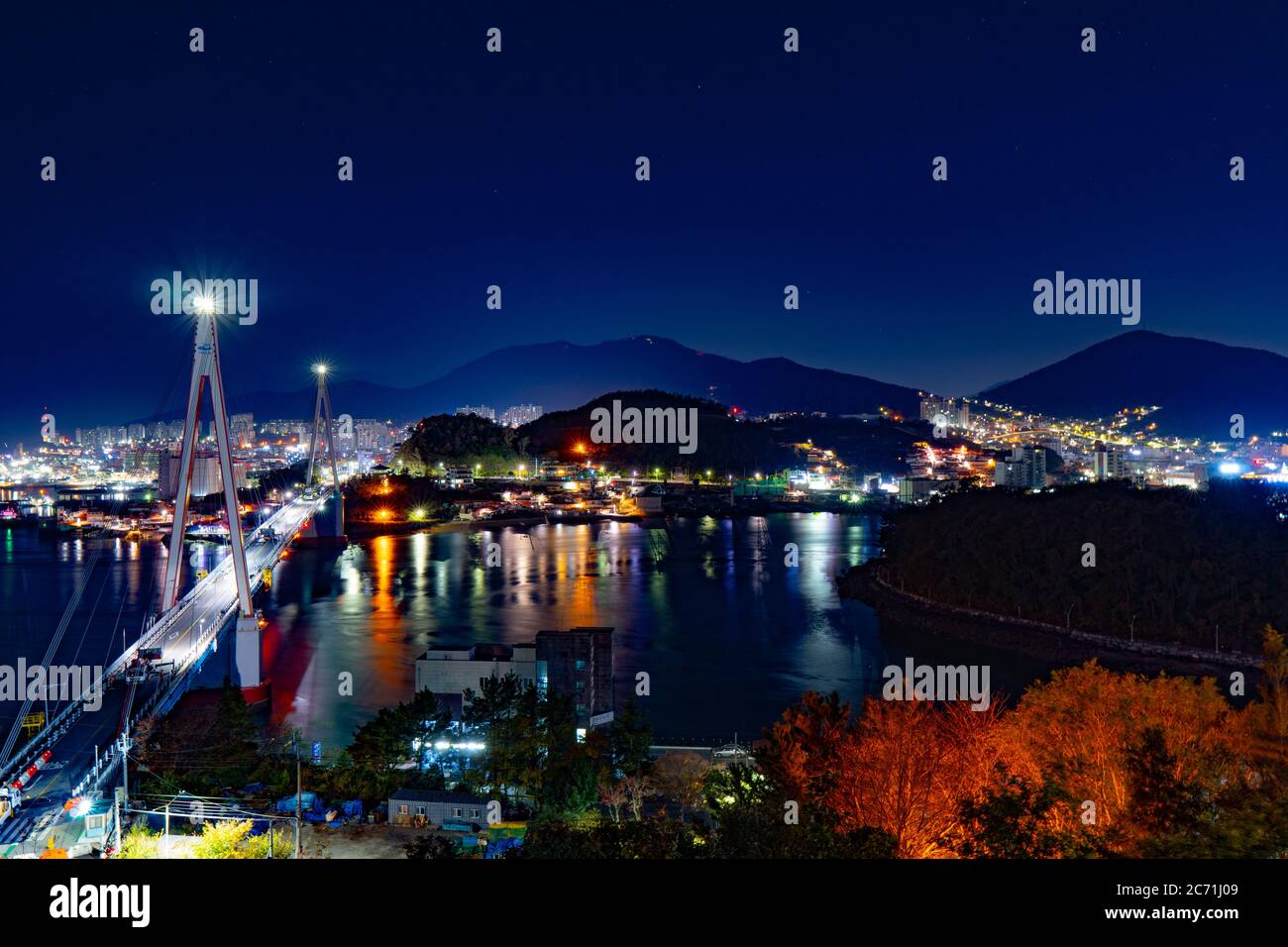Night scene with Dolsan dae-gyo, the beautiful bridge in Yeosu, South ...