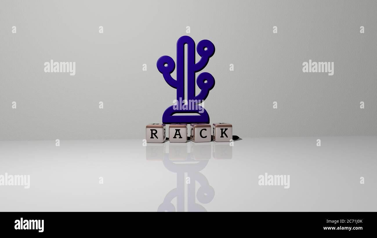 3D illustration of rack graphics and text made by metallic dice letters ...