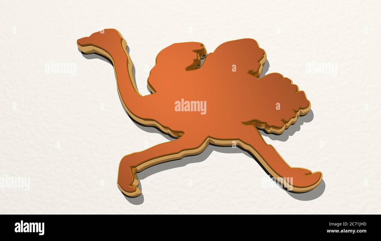 ostrich running on the wall. 3D illustration of metallic sculpture over ...