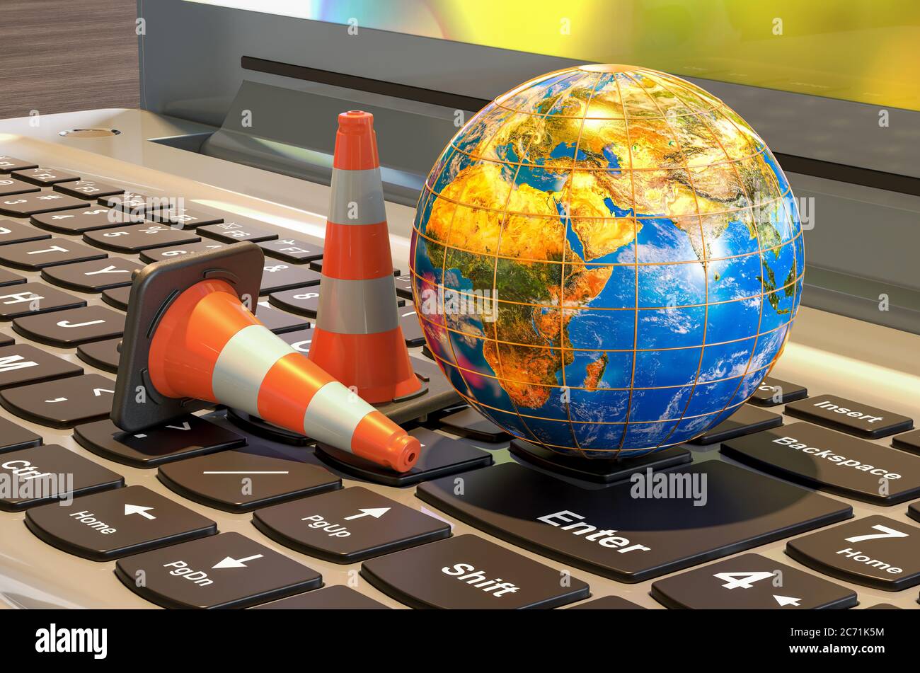 Earth Globe with traffic cones on keyboard of laptop, 3D rendering ...