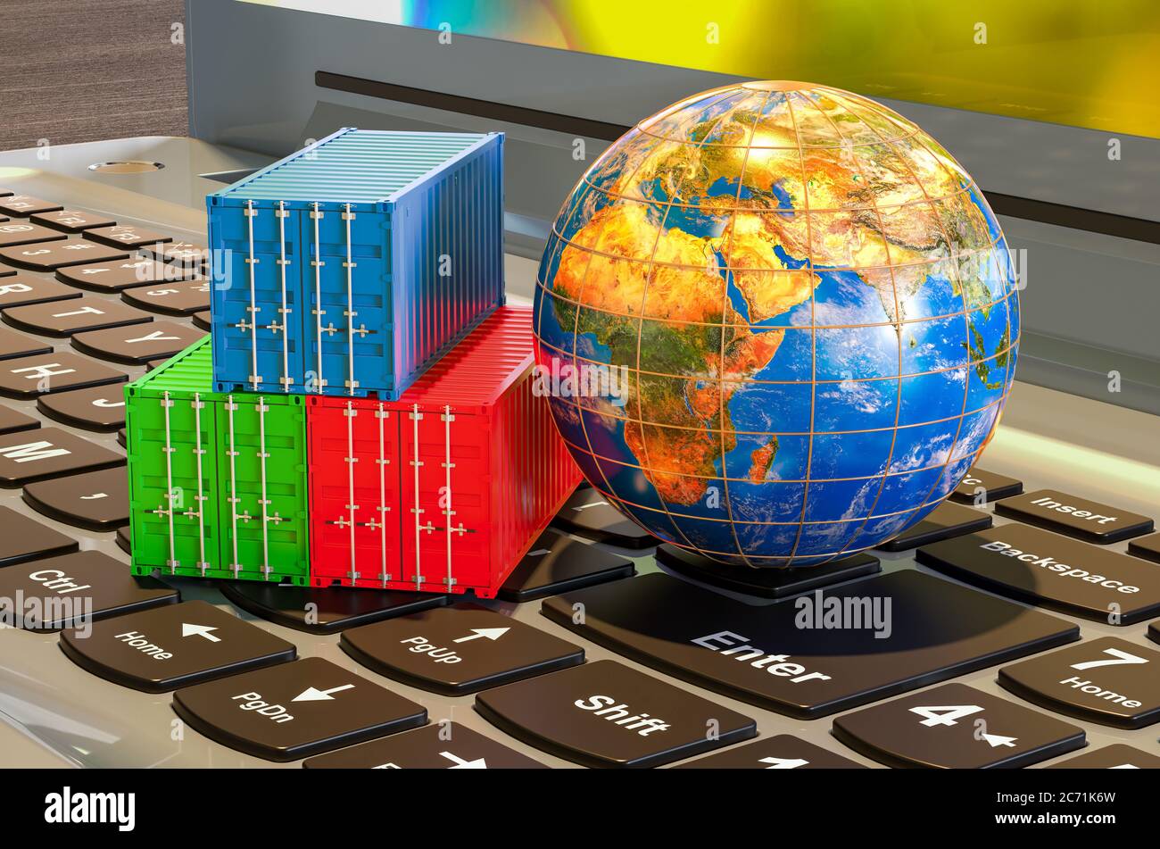 Global shipping concept. Cargo containers on keyboard of laptop, 3D ...