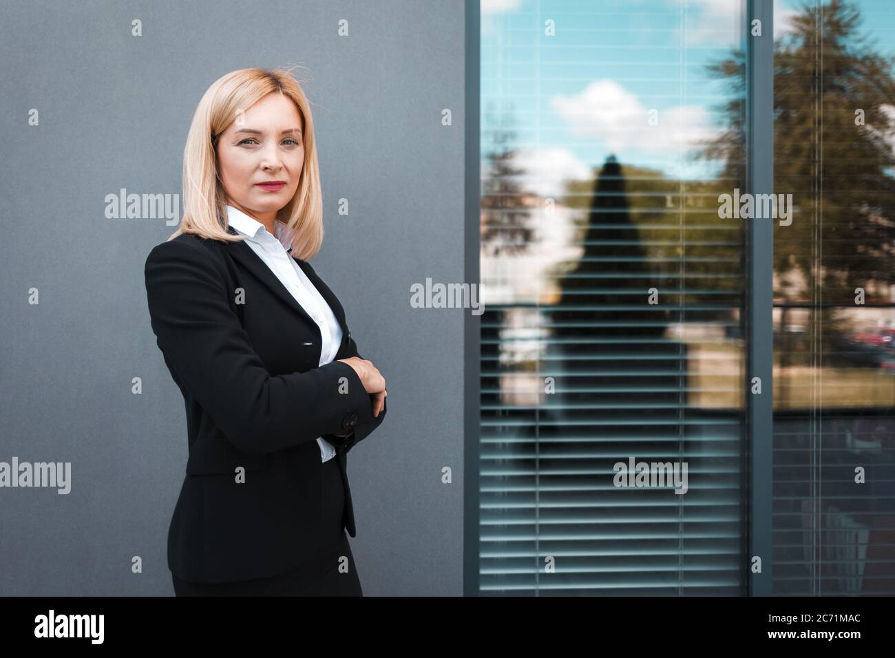 Portrait of a serious secretary against the background of office window ...