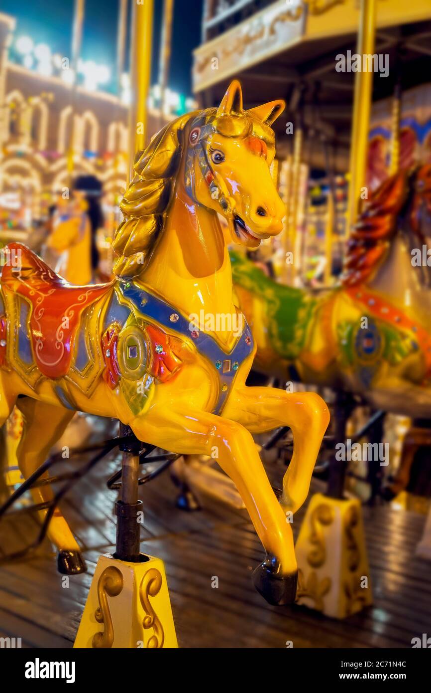 Bright horses, colorful carousel, holiday, Christmas market, selective ...