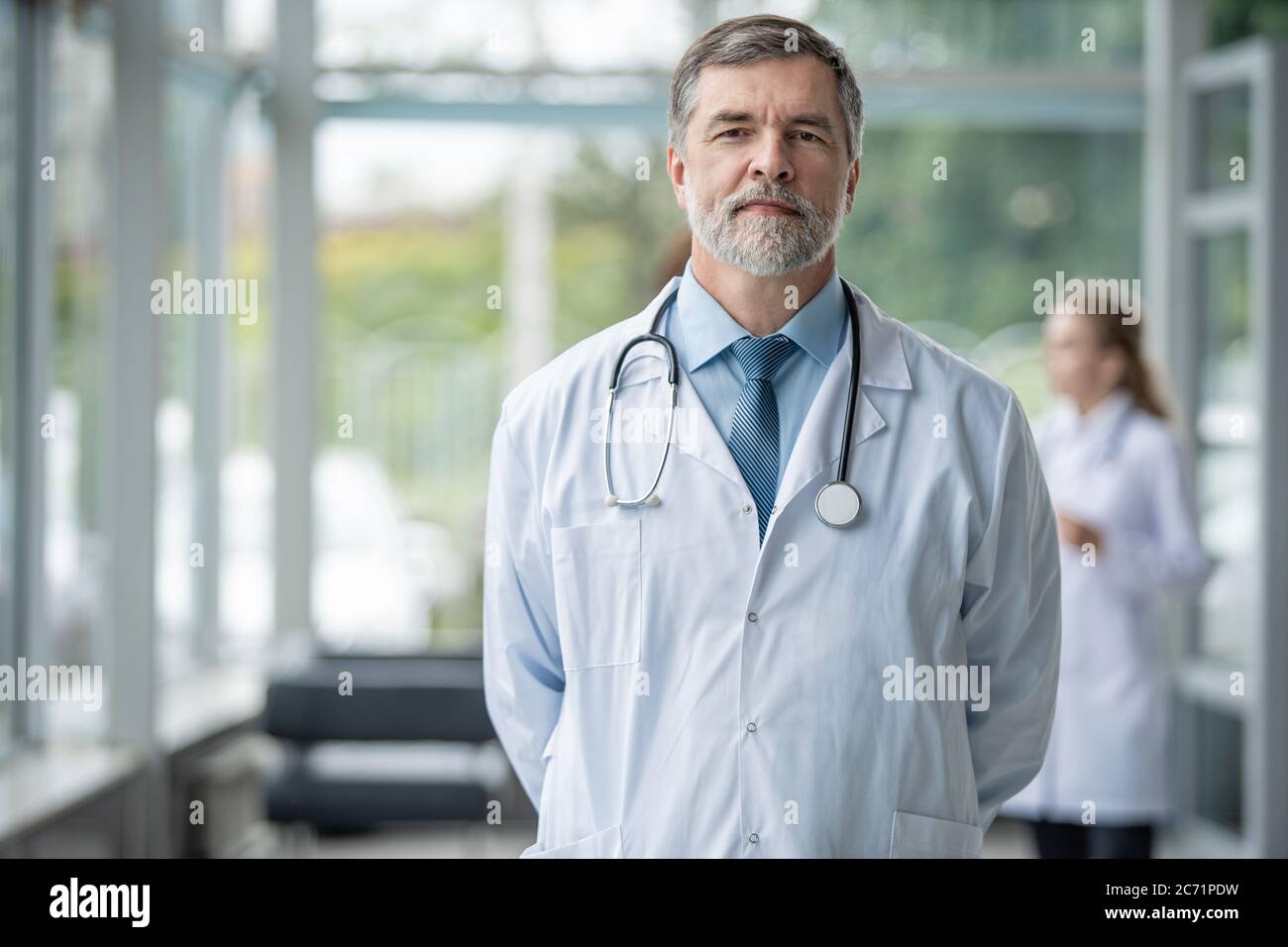 Confident smiling doctor posing in the hospital with medical team ...