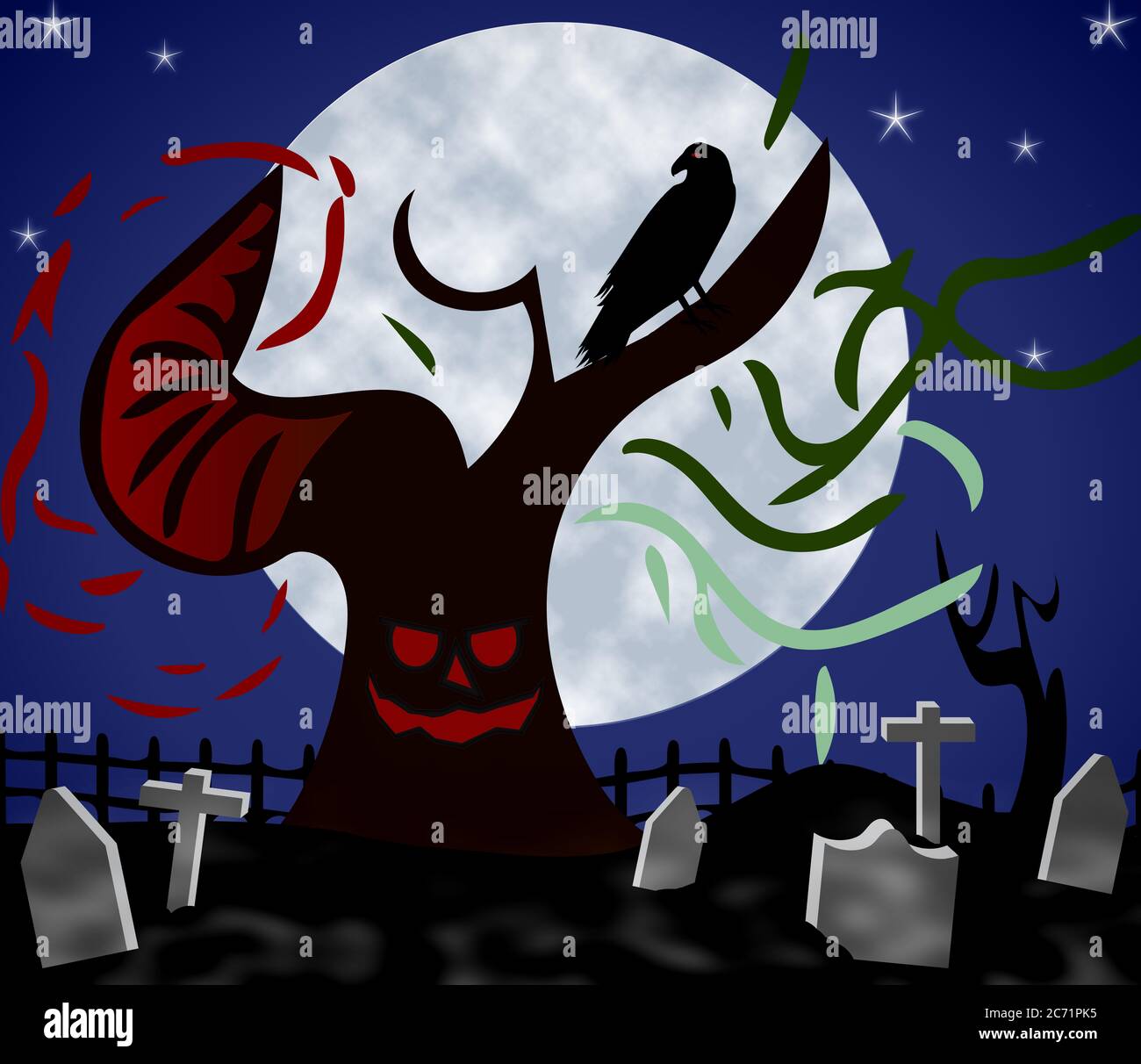 Haunted Graveyard at Night. Demon tree, raven, moon, stars and ...