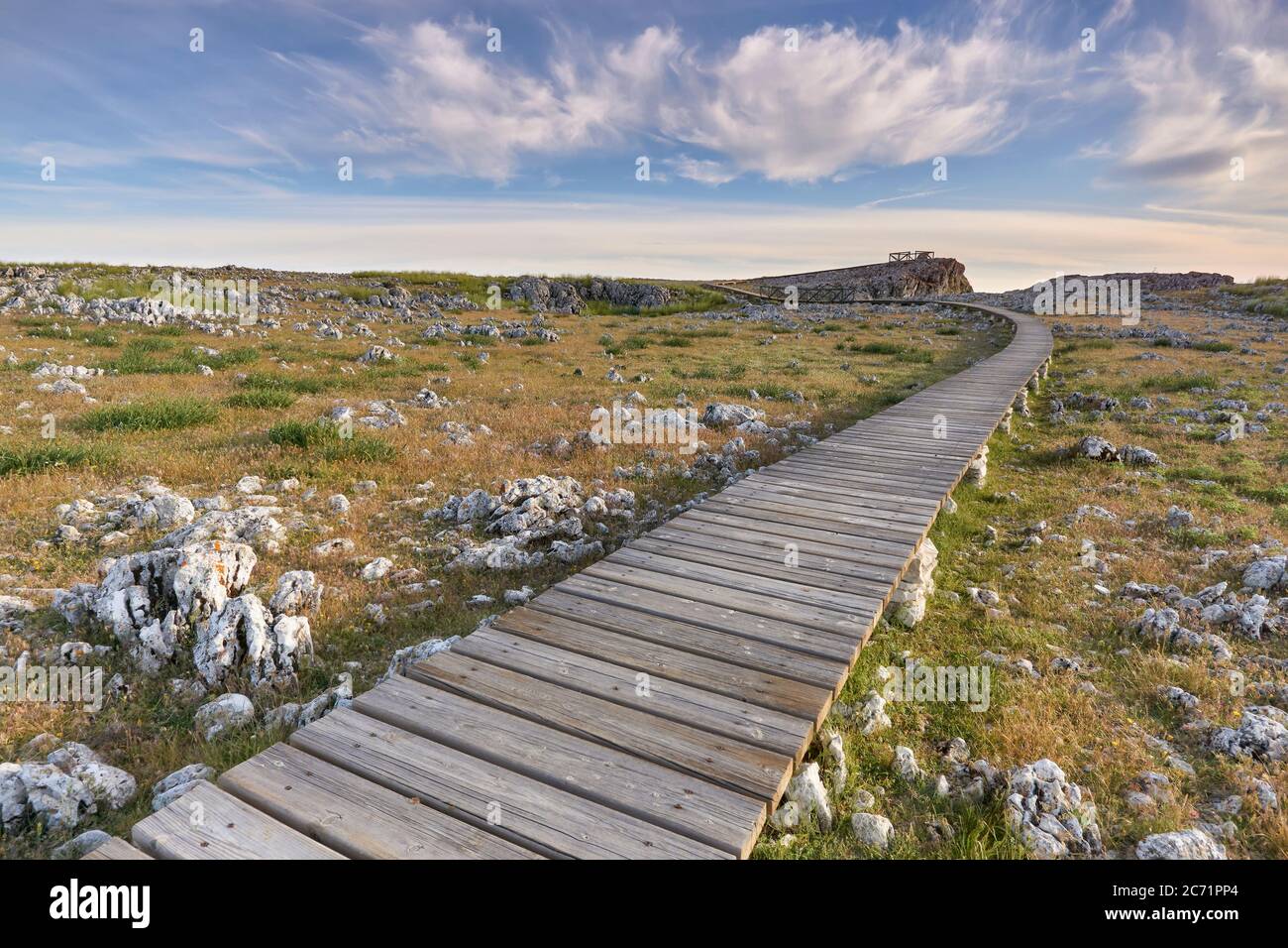 Wooden walkway for public use over the limestone rock landscape in Loja ...