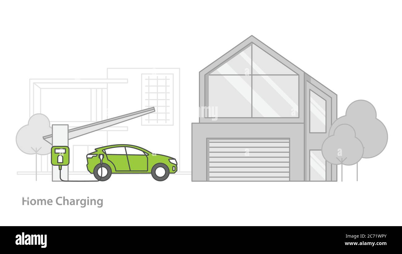 Electric car charged from the charging station in parking of modern ...