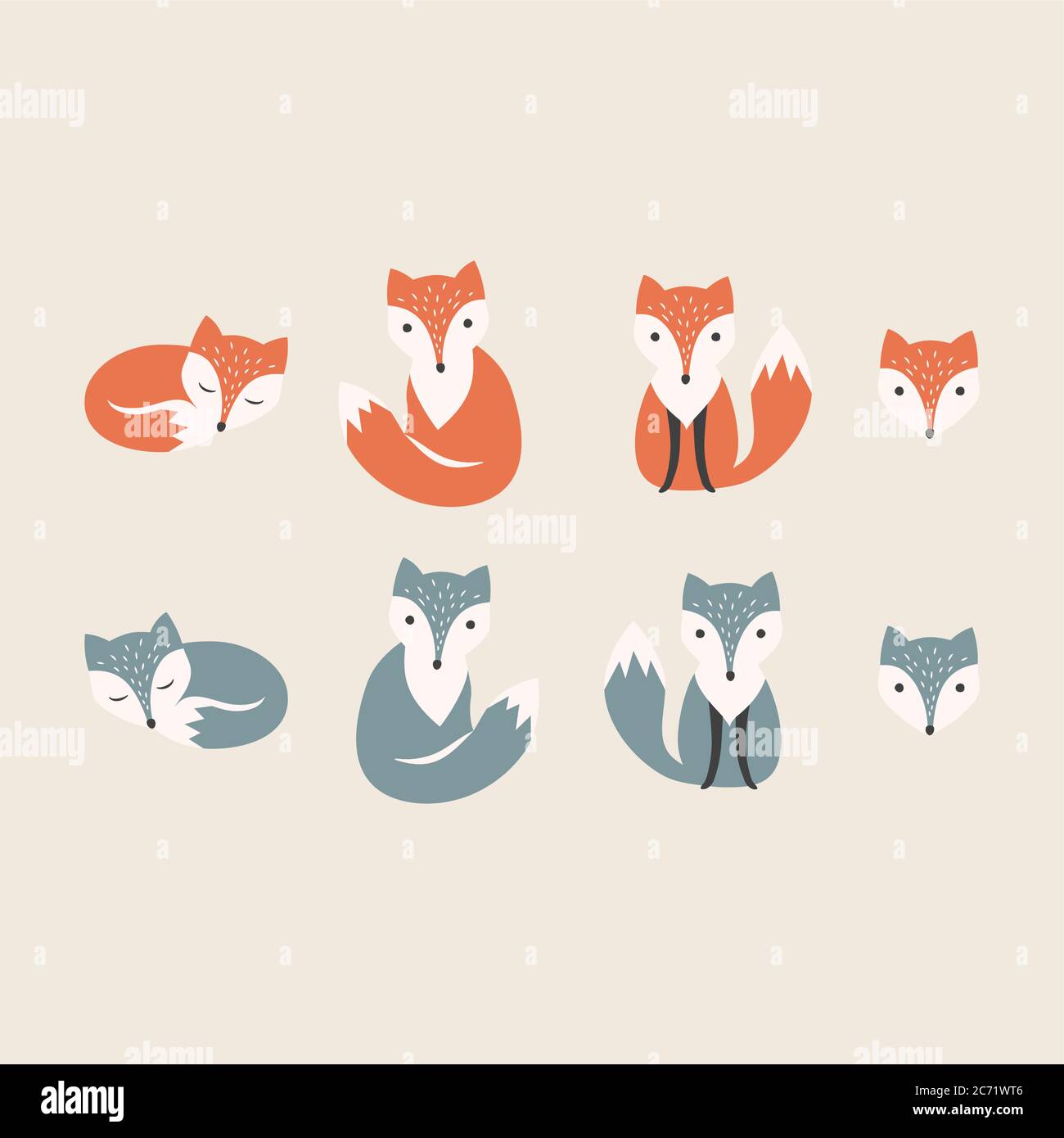 Red and polar fox kids cartoon icon. Colorful cute foxes character set ...
