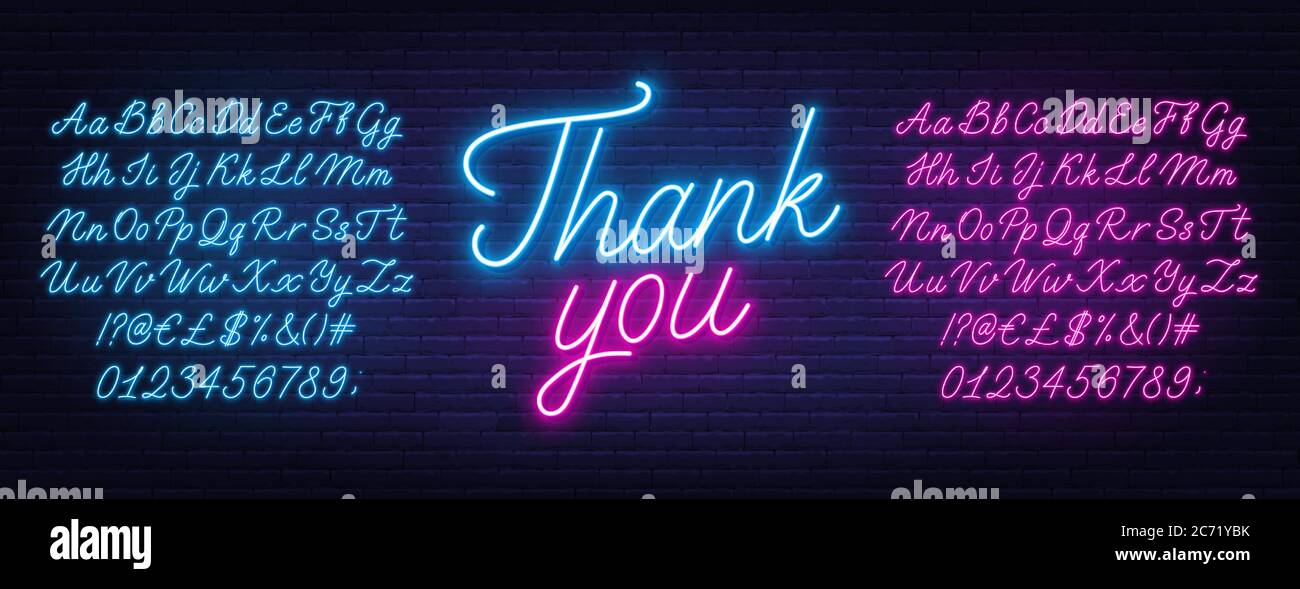 Neon pink and blue script font. Glowing alphabet with letters, numbers ...