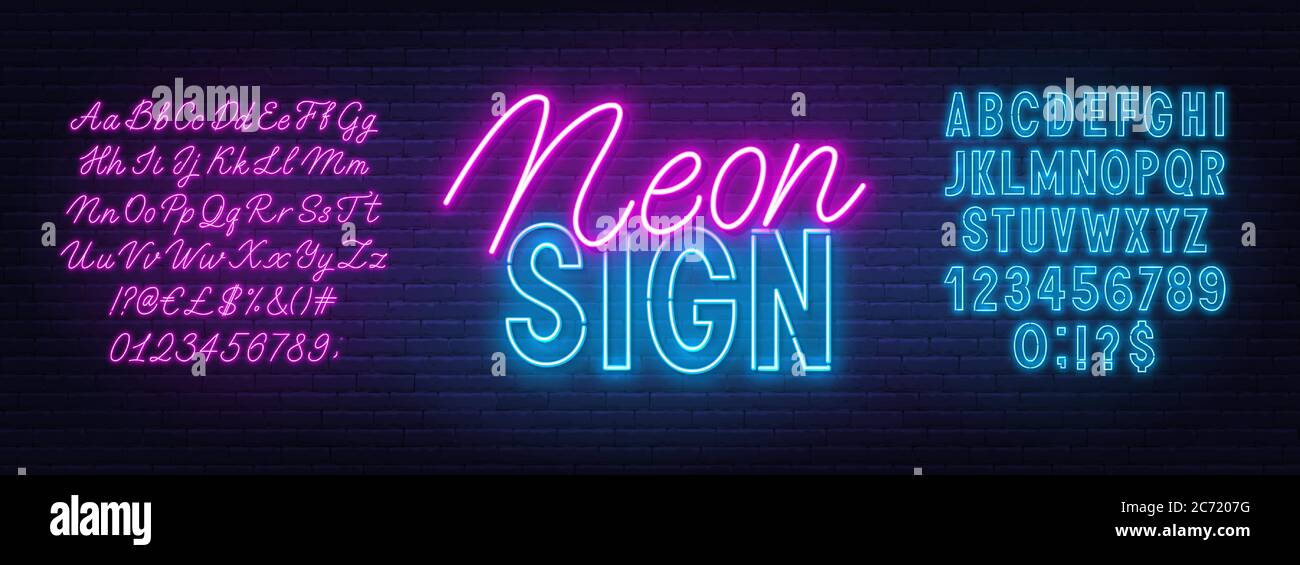 Neon duo pink and blue font. Bold and script alphabet on a brick wall ...