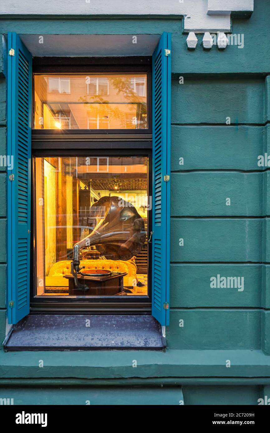 Kiev dusk window with old gramophone standing inside, Ukraine Stock ...