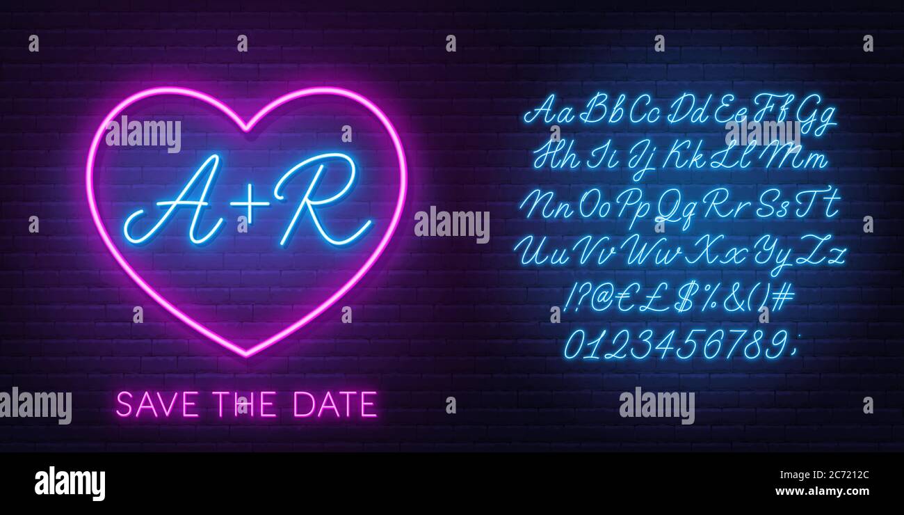 Neon initials in the heart. Neon blue script font. Glowing symbol of ...