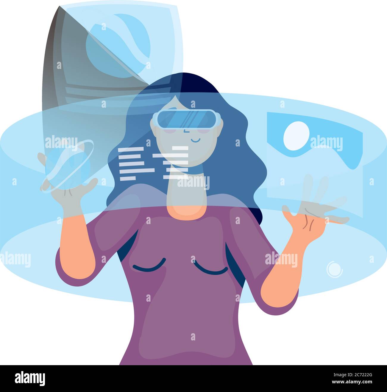 woman using reality virtual tech in interactive display vector ...