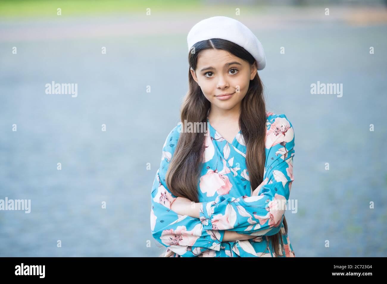 Feel stylish. Little child with stylish french look. Stylish girl keep ...