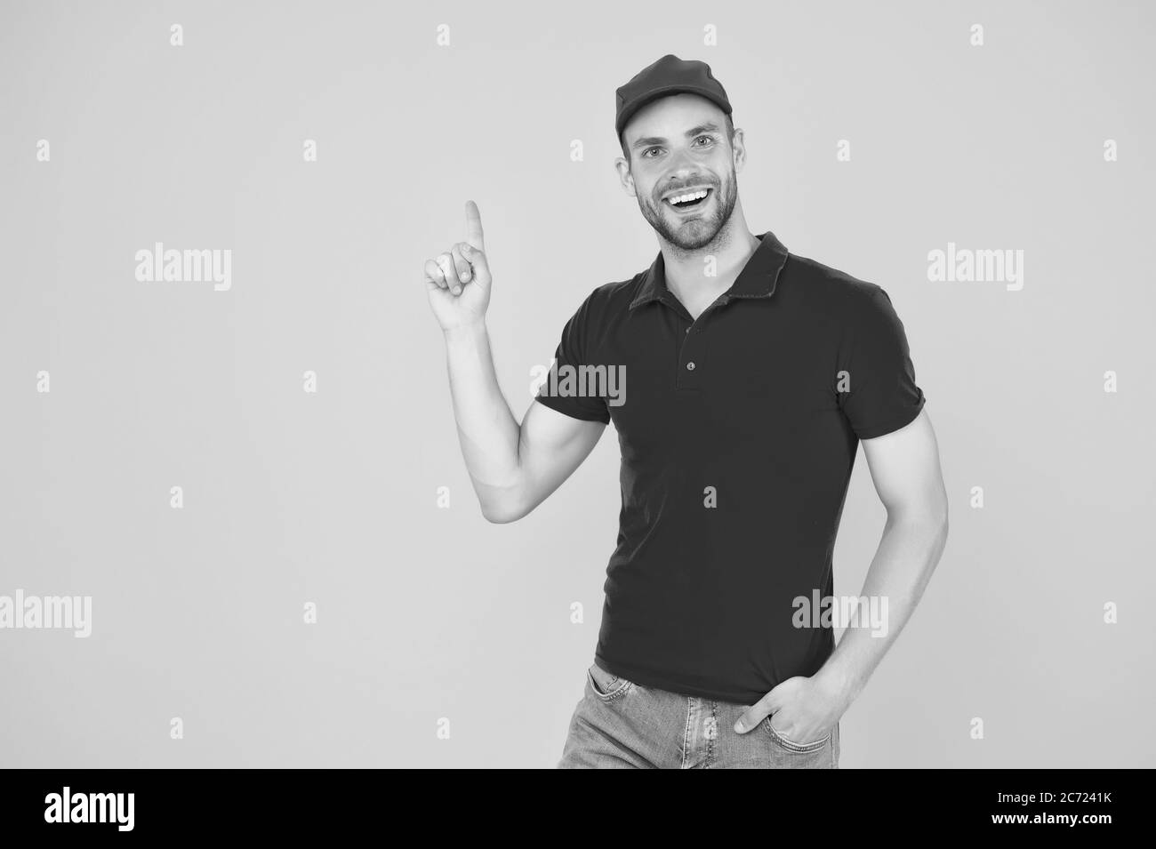 Shop worker. Handsome happy guy cashier. Good idea. Inspiration. Staff ...