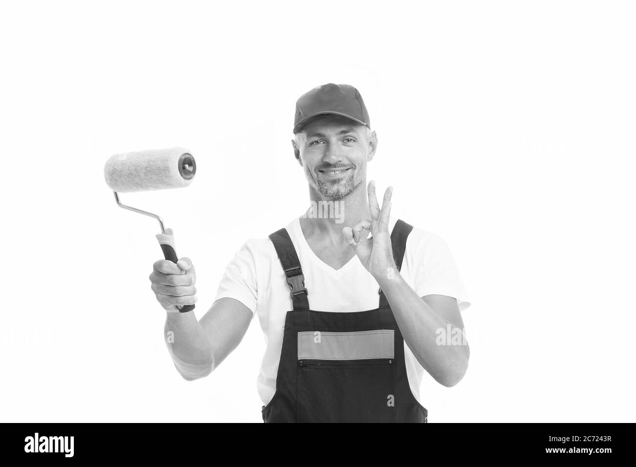 Offering professional painting services. Painter show ok sign isolated ...