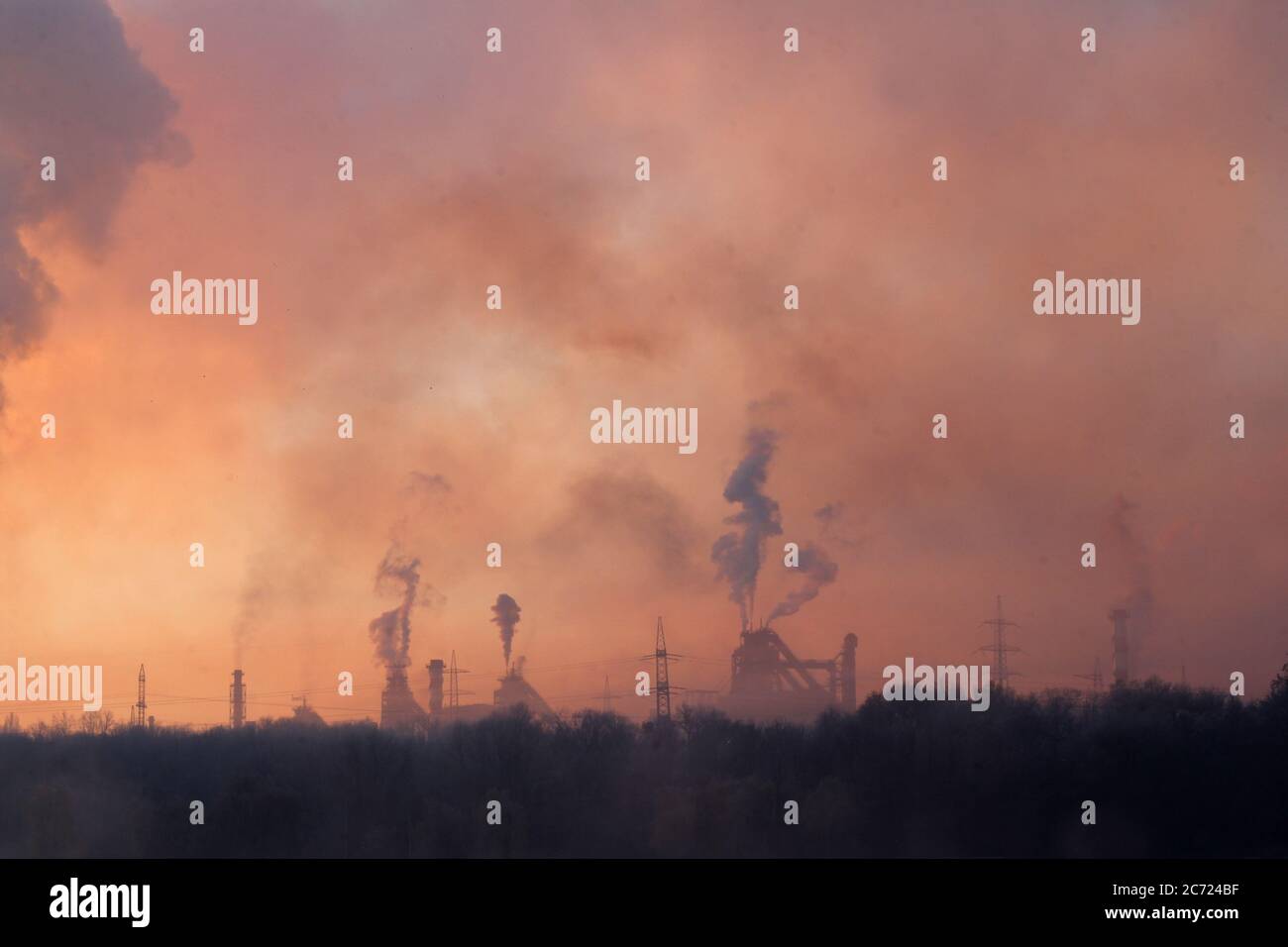 Gas, steam and smoke. Industrial chimneys time lapse. Metallurgical ...