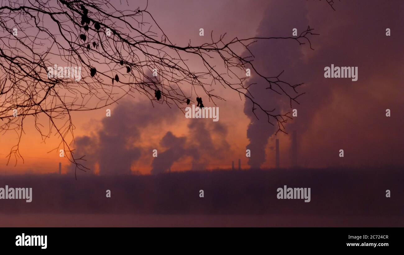 Gas, steam and smoke. Industrial chimneys time lapse. Metallurgical ...