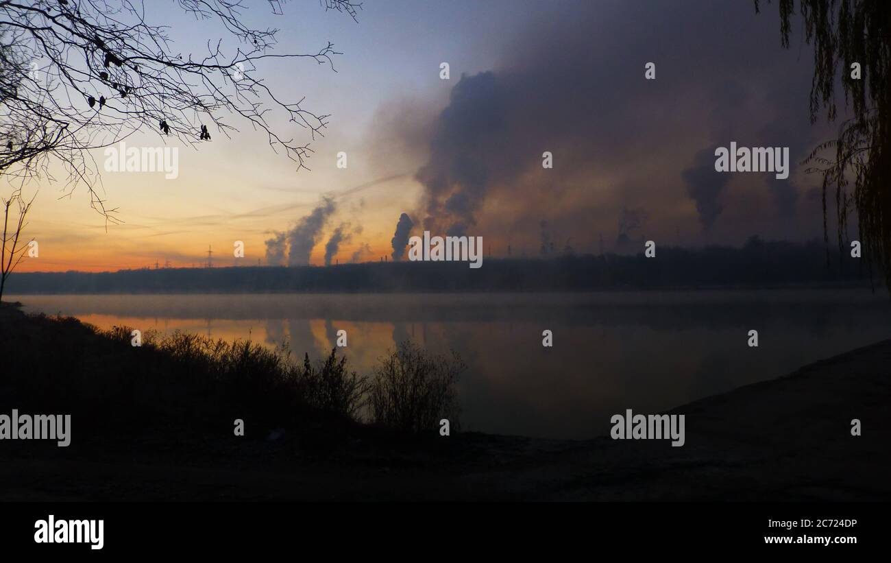 Gas, steam and smoke. Industrial chimneys time lapse. Metallurgical ...