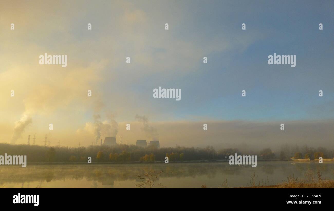 Gas, steam and smoke. Industrial chimneys time lapse. Metallurgical ...