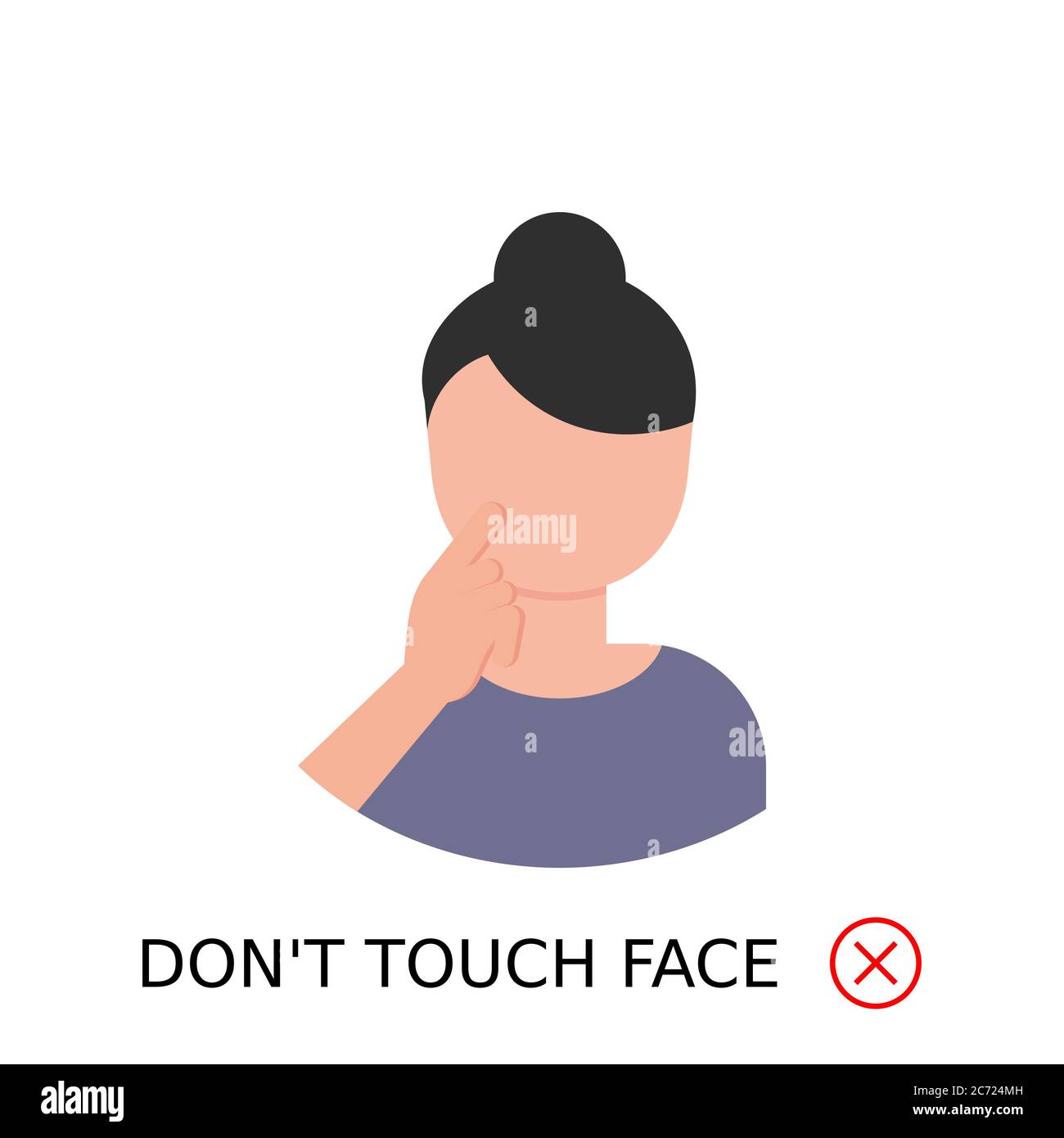 Woman touches her face with warning message. Covid-19 precaution tip ... Woman touches her face with warning message. Covid-19 precaution tip ...