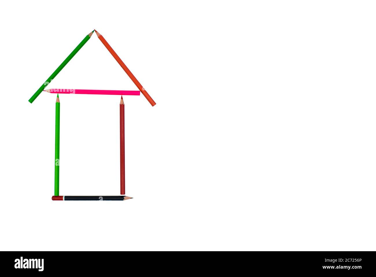 House made with six different colored wood pencil crayon on a white ...