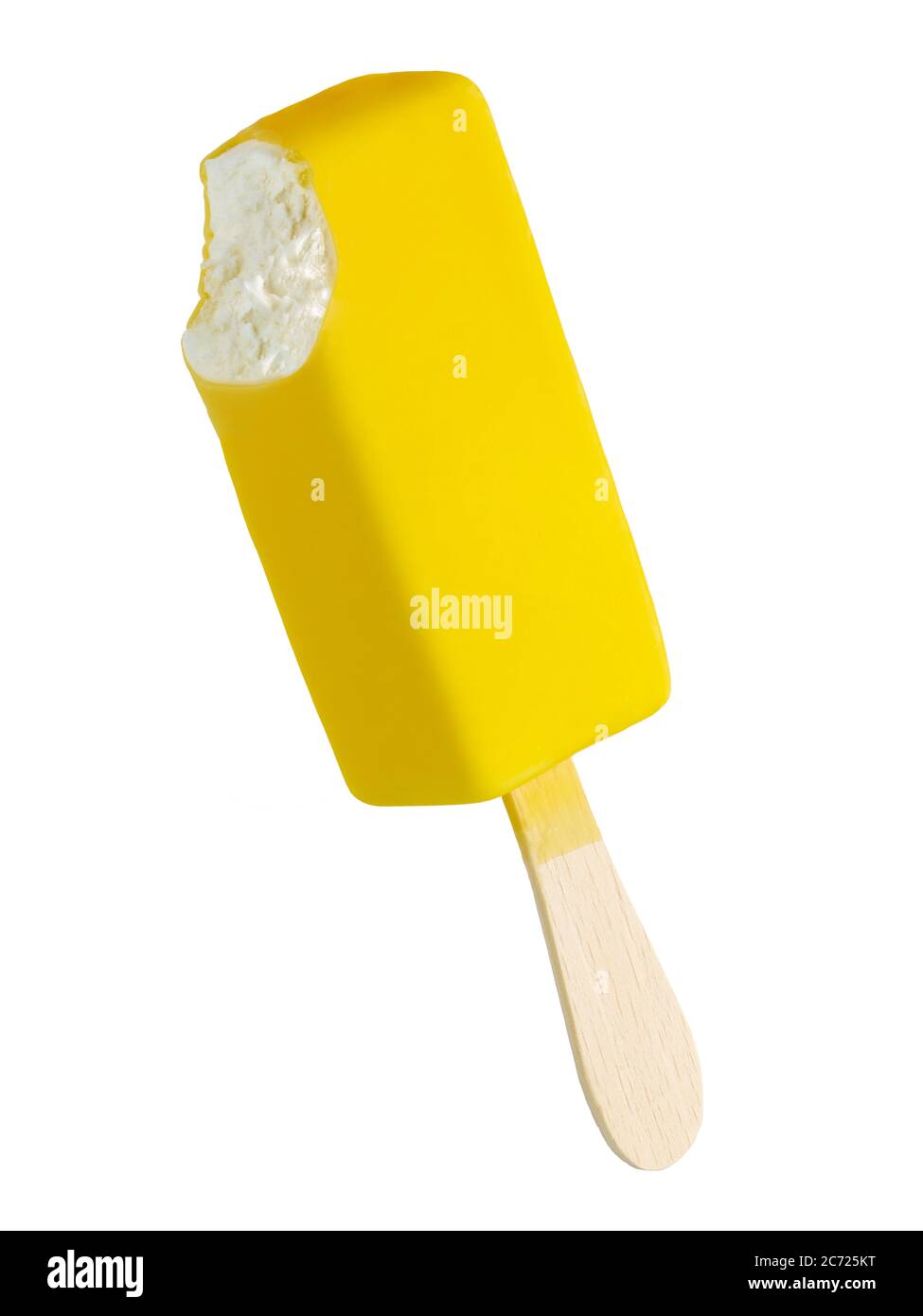 Bitten yellow ice cream bar with lemon taste on a stick isolated on ...