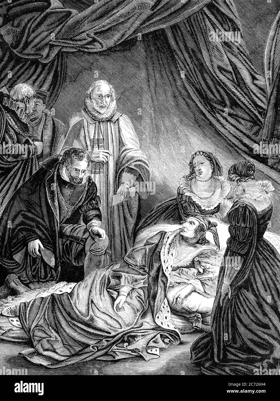 An engraved vintage illustration image of the death of Elizabeth I ...