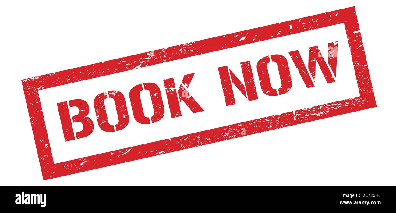 BOOK NOW red grungy rectangle stamp sign Stock Photo - Alamy