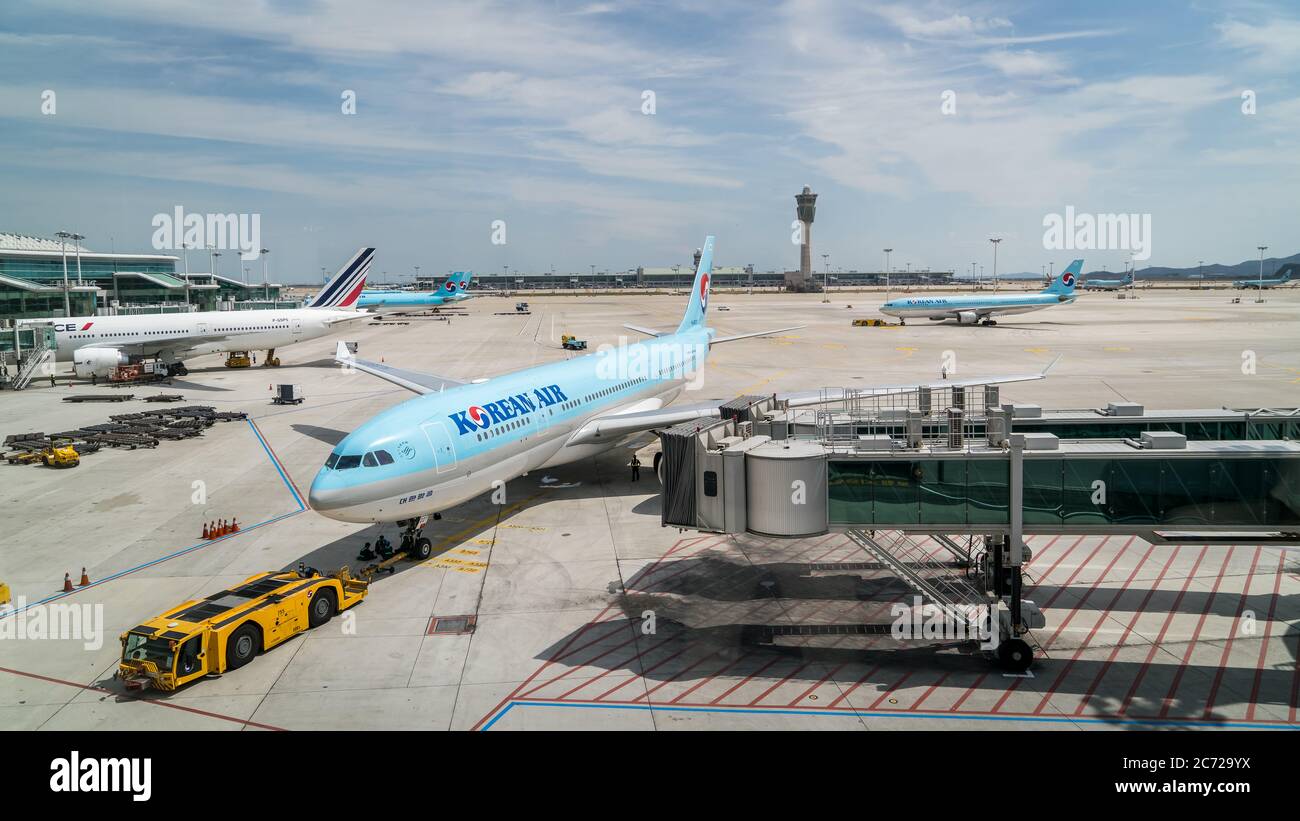 Incheon, South Korea - August 2018: View of airplanes from at Incheon ...