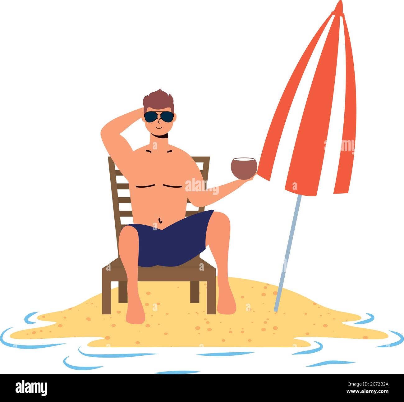 man relaxing on the beach seated in chair and umbrella vector ...