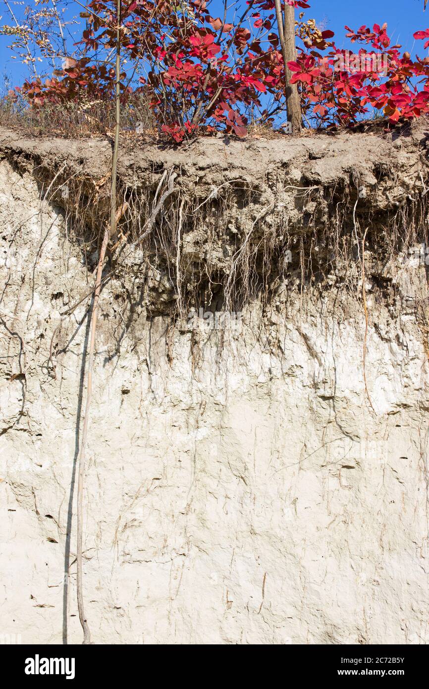 Slice of soil, rock layers, agroindustrial background, sectional ...