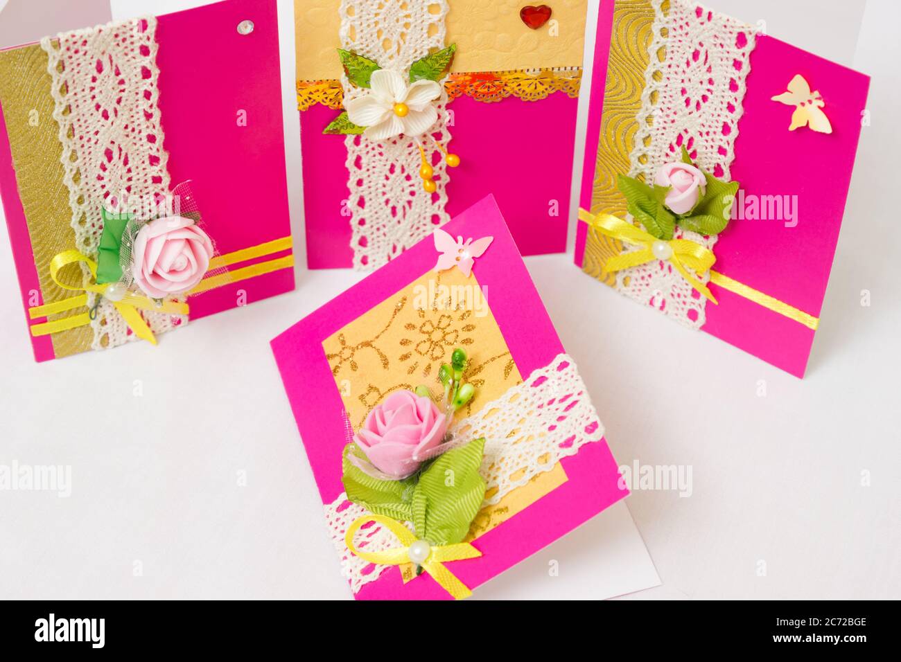 Beautiful varied handmade greeting cards - on a white background Stock ...