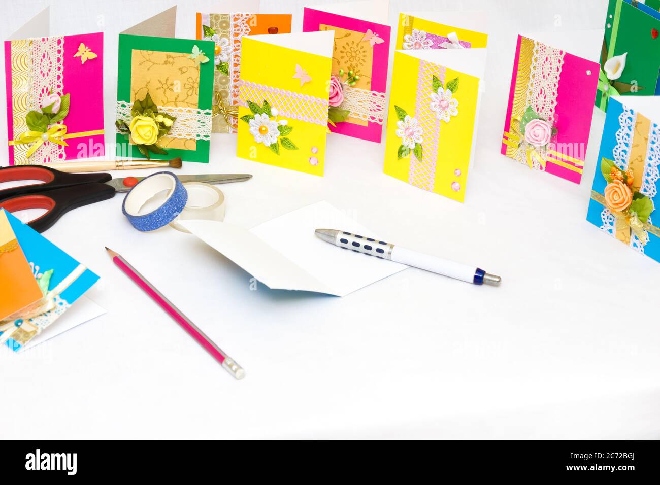 Beautiful varied handmade greeting cards - on a white background Stock ...