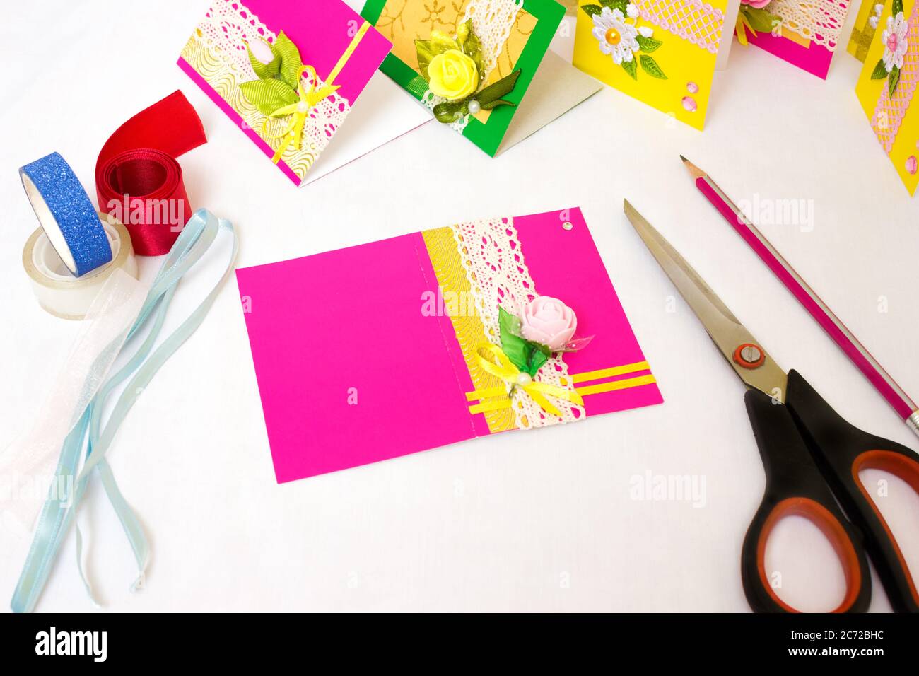 Beautiful varied handmade greeting cards - on a white background Stock ...