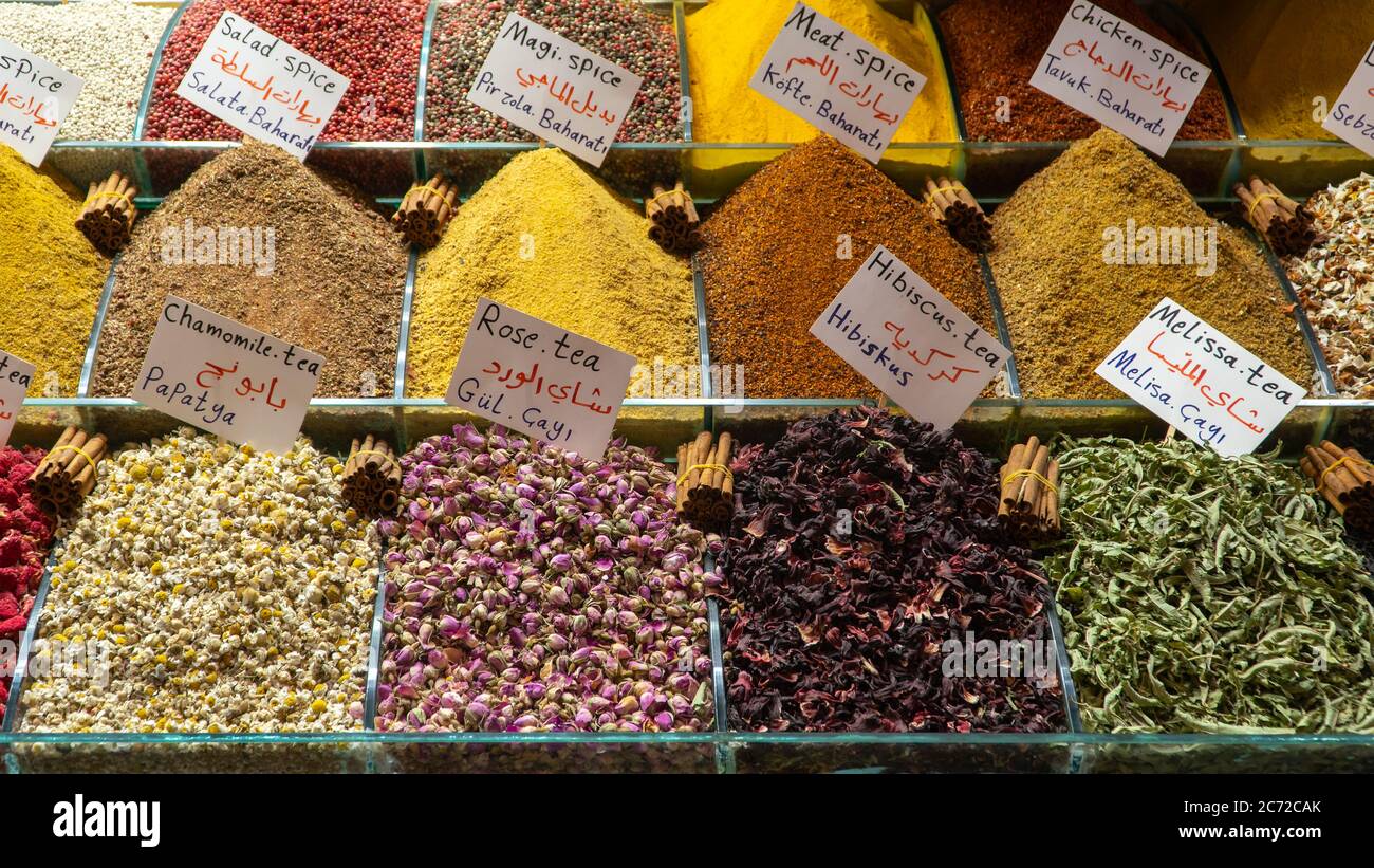 Various spices on a counter on the Grand Bazaar, labels written in ...