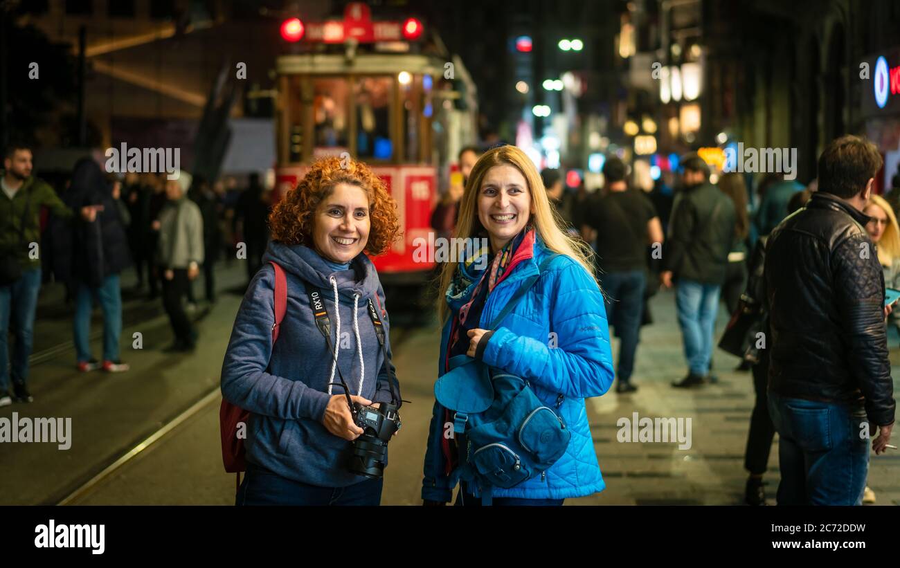 Istanbul, Turkey - November 2019: Happy tourists infront of nostalgic ...