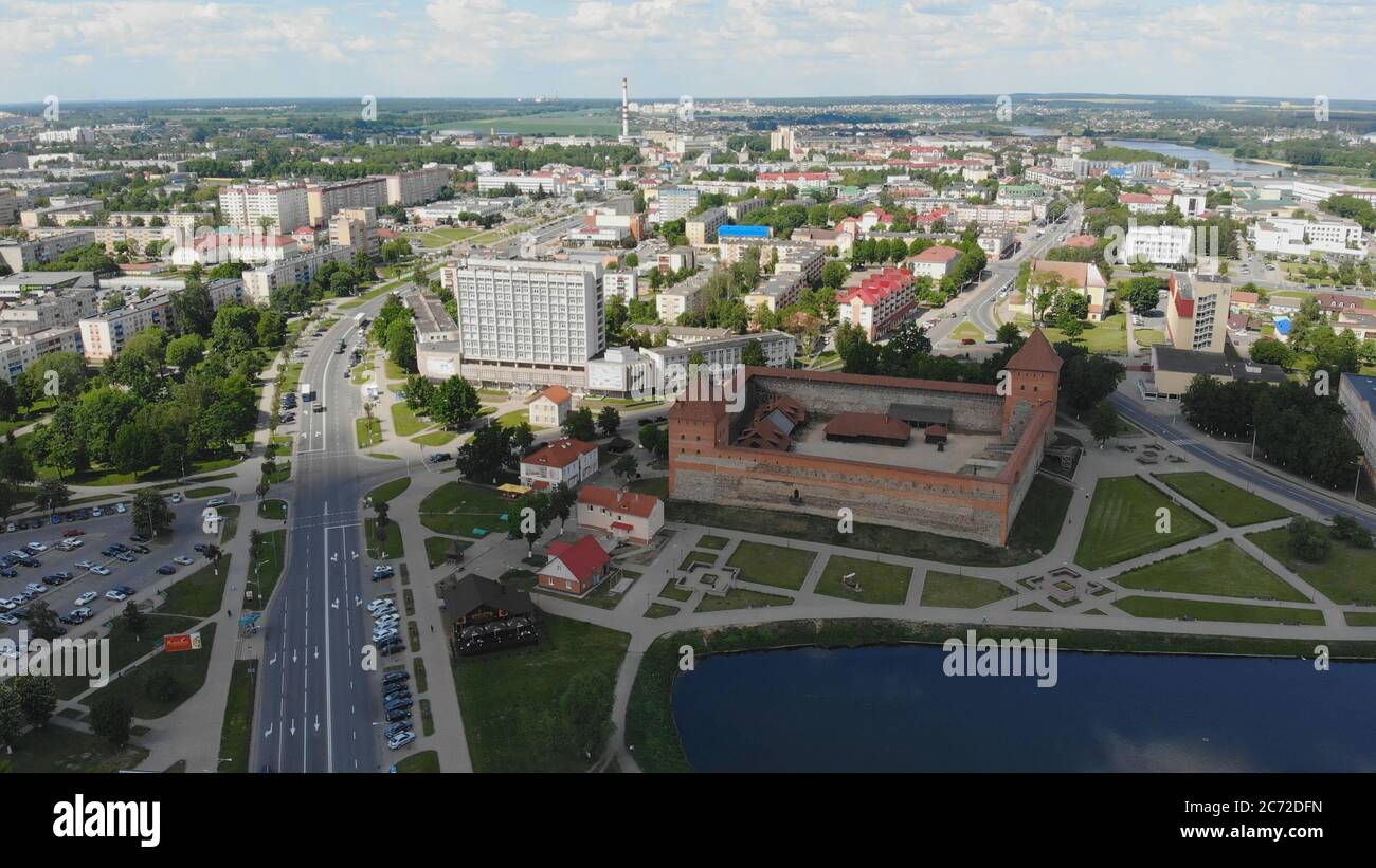Aerial panorama of the historic city of Lida with a castle. Belarus ...