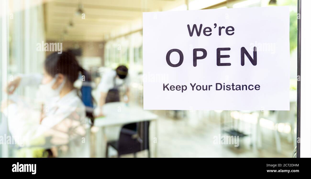 Panoramic Reopening restaurant signage with social distance new normal ...