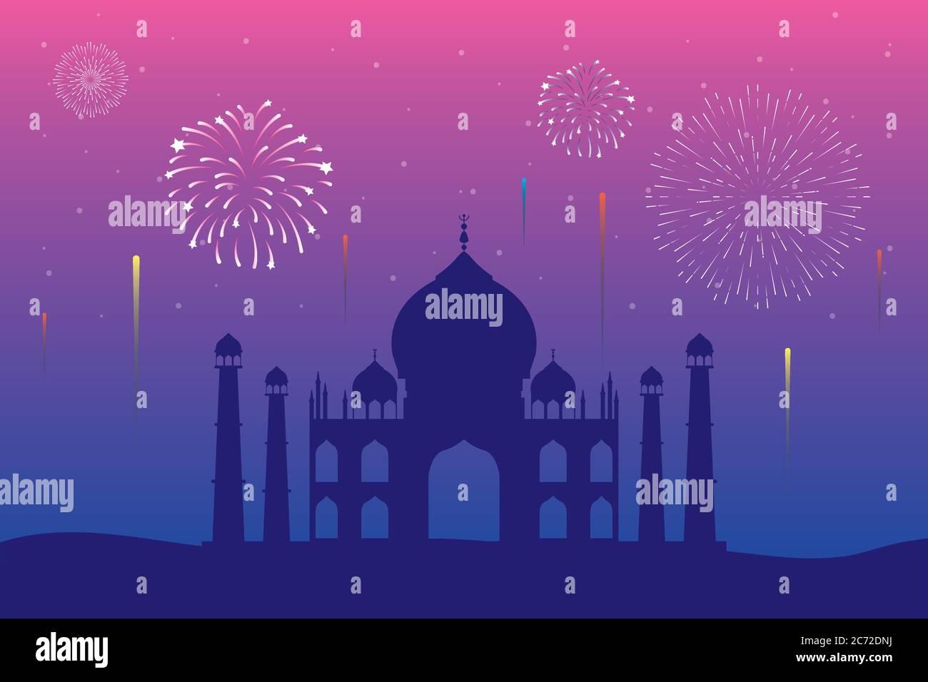 Fireworks burst explosions in taj mahal scene vector illustration ...