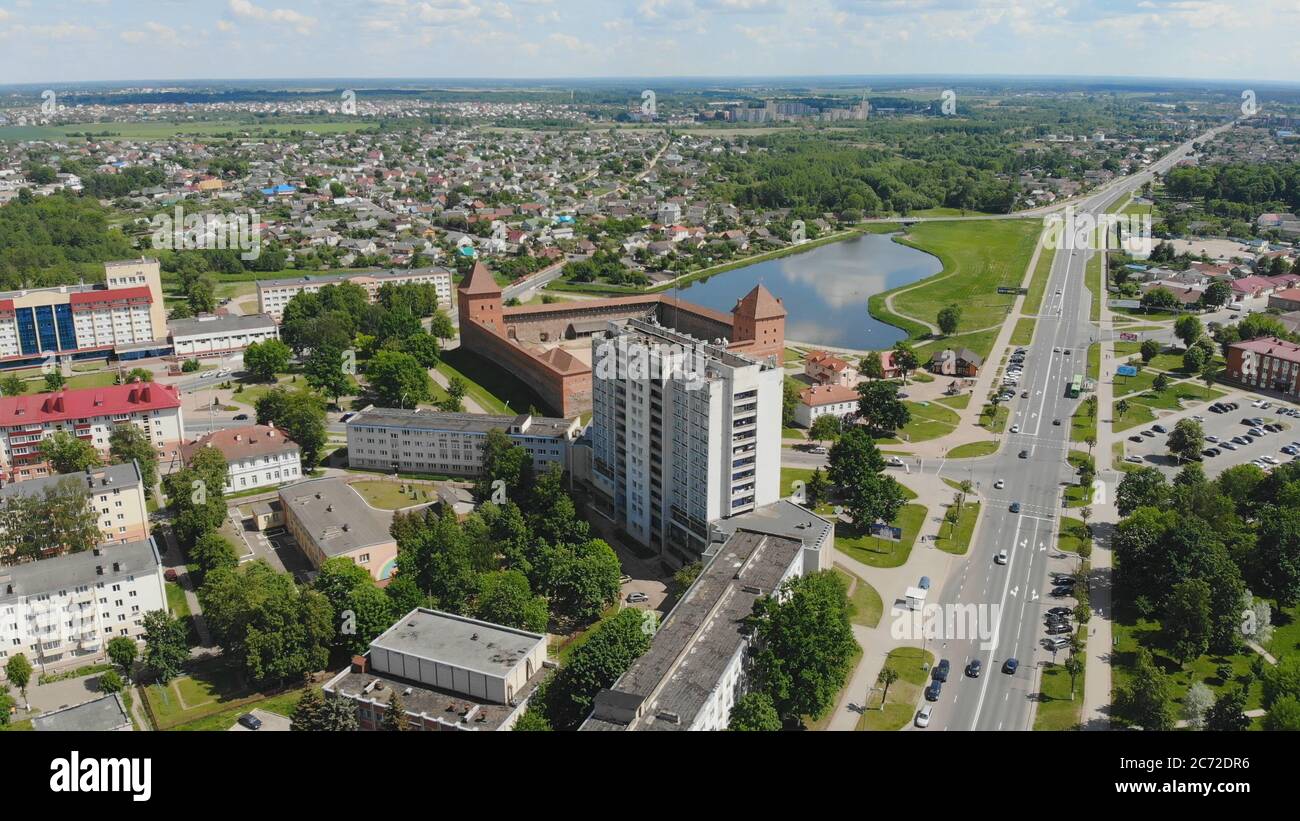 Aerial panorama of the historic city of Lida with a castle. Belarus ...
