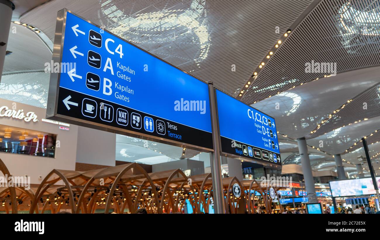 Istanbul, Turkey - July 2019: Interior scene with a signage showing the ...