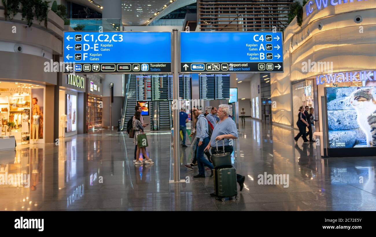 Istanbul, Turkey - July 2019: Interior scene with a signage showing the ...